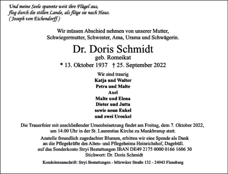 Traueranzeigen von Dr. Doris Schmidt | sh:z Trauer