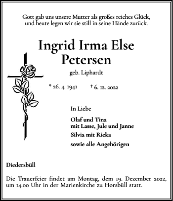 Traueranzeigen von Ingrid Irma Else Petersen | sh:z Trauer