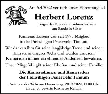 Traueranzeigen von Herbert Lorenz | sh:z Trauer