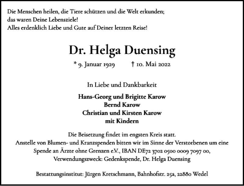 Traueranzeigen von Dr. Helga Duensing | sh:z Trauer