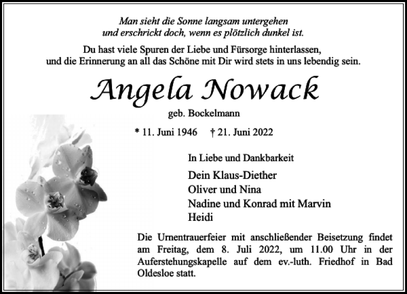 Traueranzeigen von Angela Nowack | sh:z Trauer