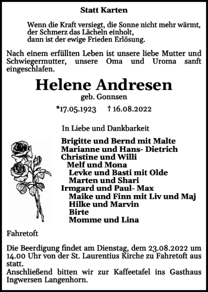 Traueranzeigen von Helene Andresen | sh:z Trauer Traueranzeigen von Helene Andresen | sh:z Trauer