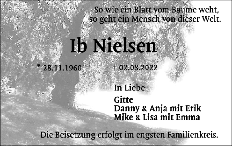Traueranzeigen von Ib Nielsen | sh:z Trauer