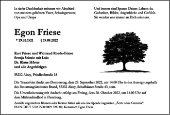 Traueranzeigen von Egon Friese | sh:z Trauer
