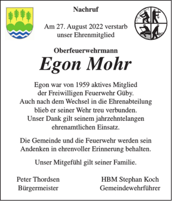 Traueranzeigen von Egon Mohr | sh:z Trauer