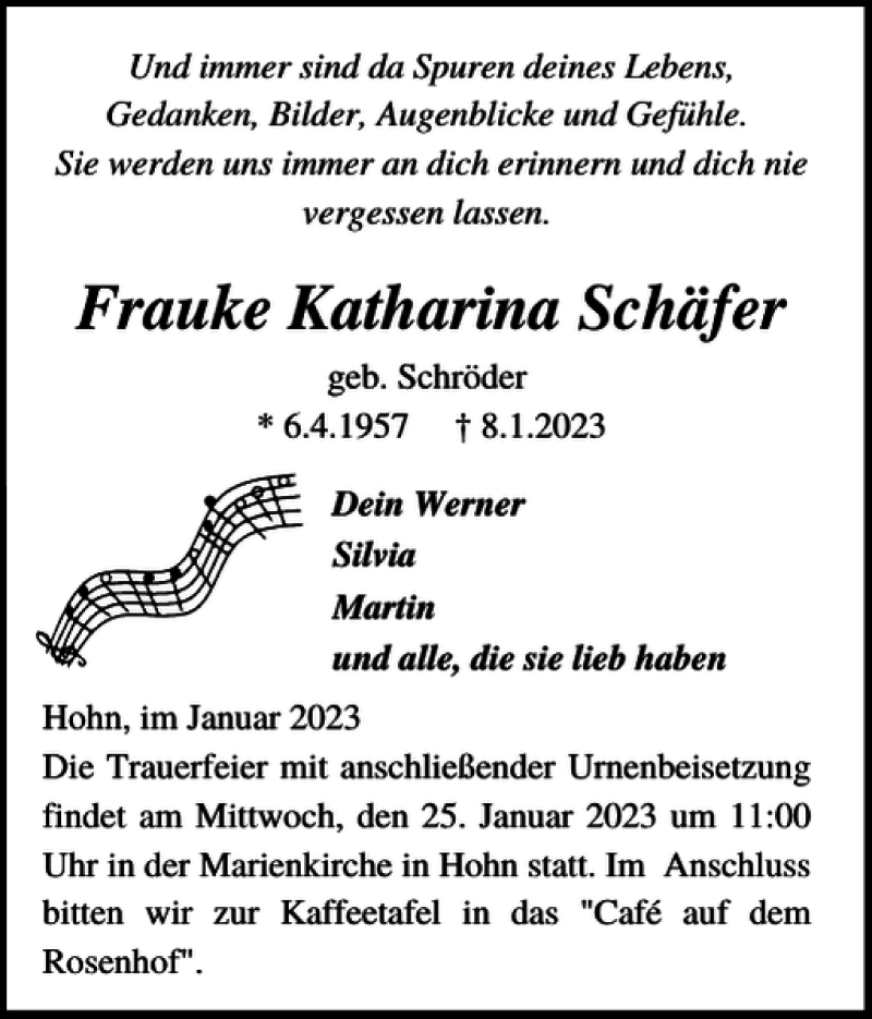 Traueranzeigen von Frauke Katharina Schäfer | sh:z Trauer