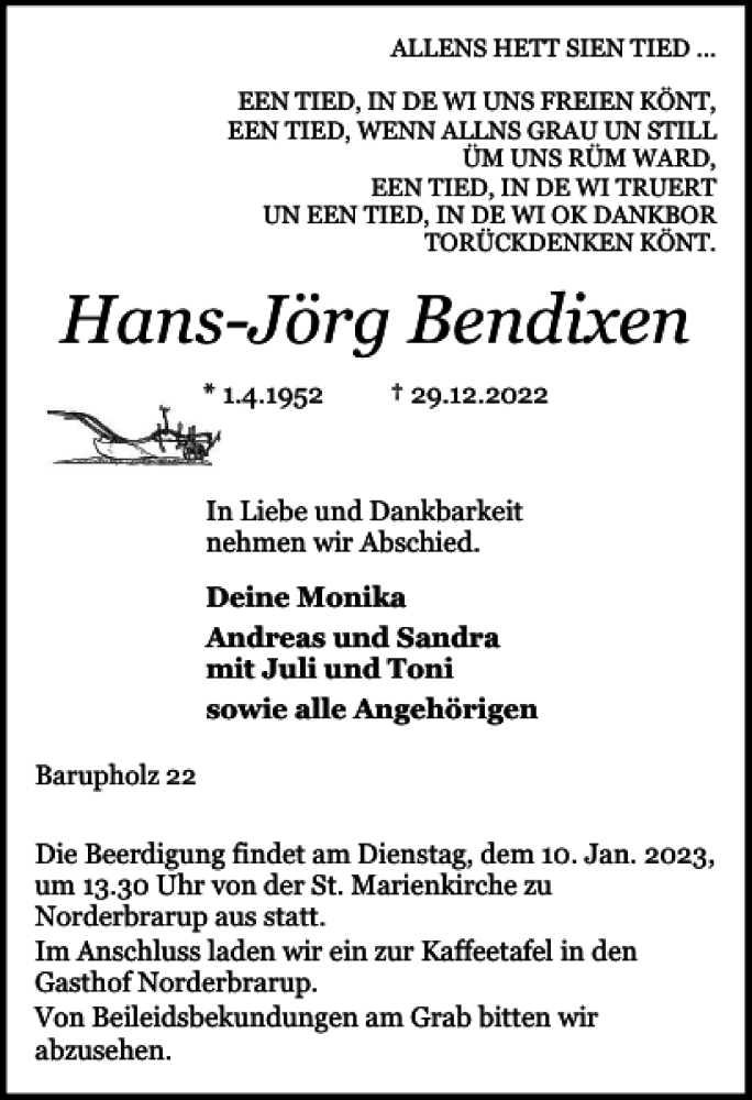 Traueranzeigen von Hans-Jörg Bendixen | sh:z Trauer