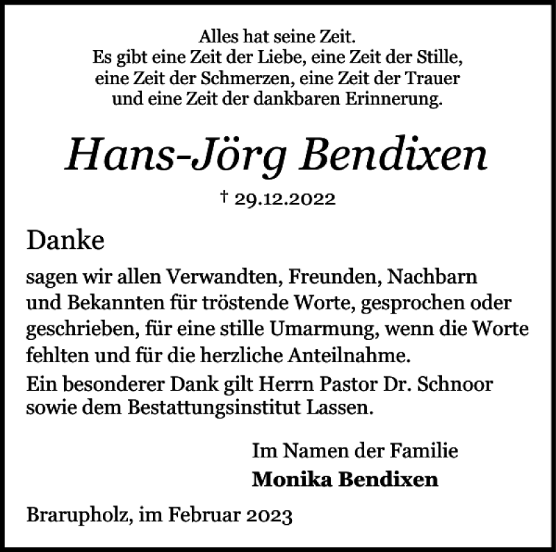 Traueranzeigen von Hans-Jörg Bendixen | sh:z Trauer