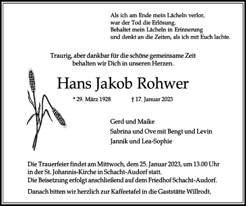 Traueranzeigen von Hans Jakob Rohwer | sh:z Trauer