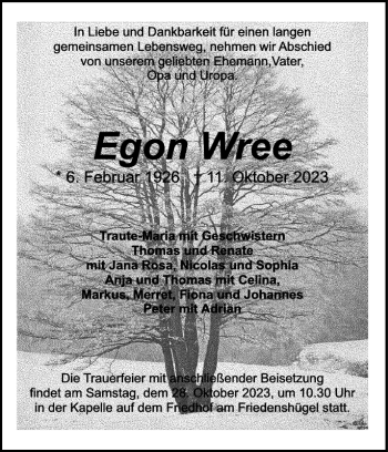 Traueranzeigen von Egon Wree | sh:z Trauer
