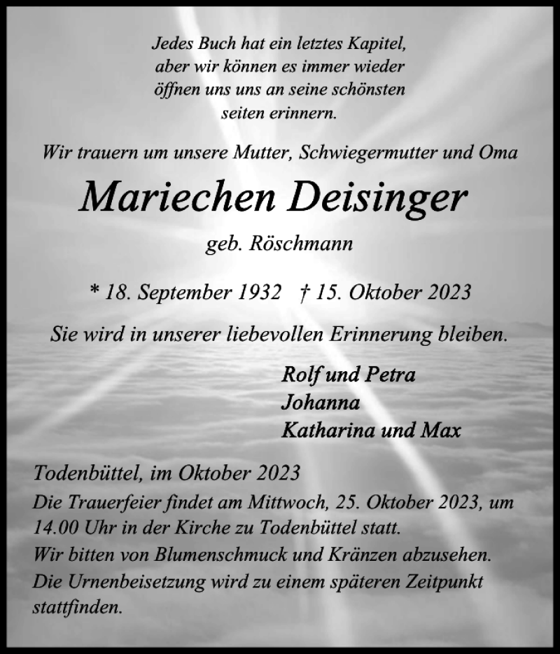 Traueranzeigen von Mariechen Deisinger geb. Röschmann | sh:z Trauer