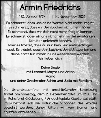 Traueranzeigen von Armin Friedrichs | sh:z Trauer