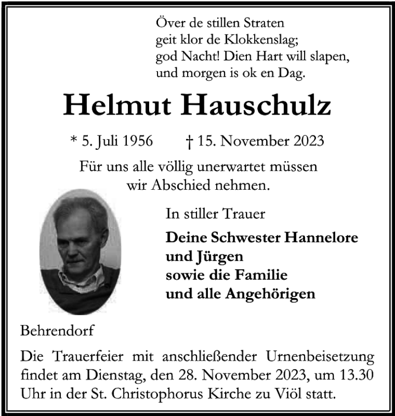 Traueranzeigen von Helmut Hauschulz | sh:z Trauer