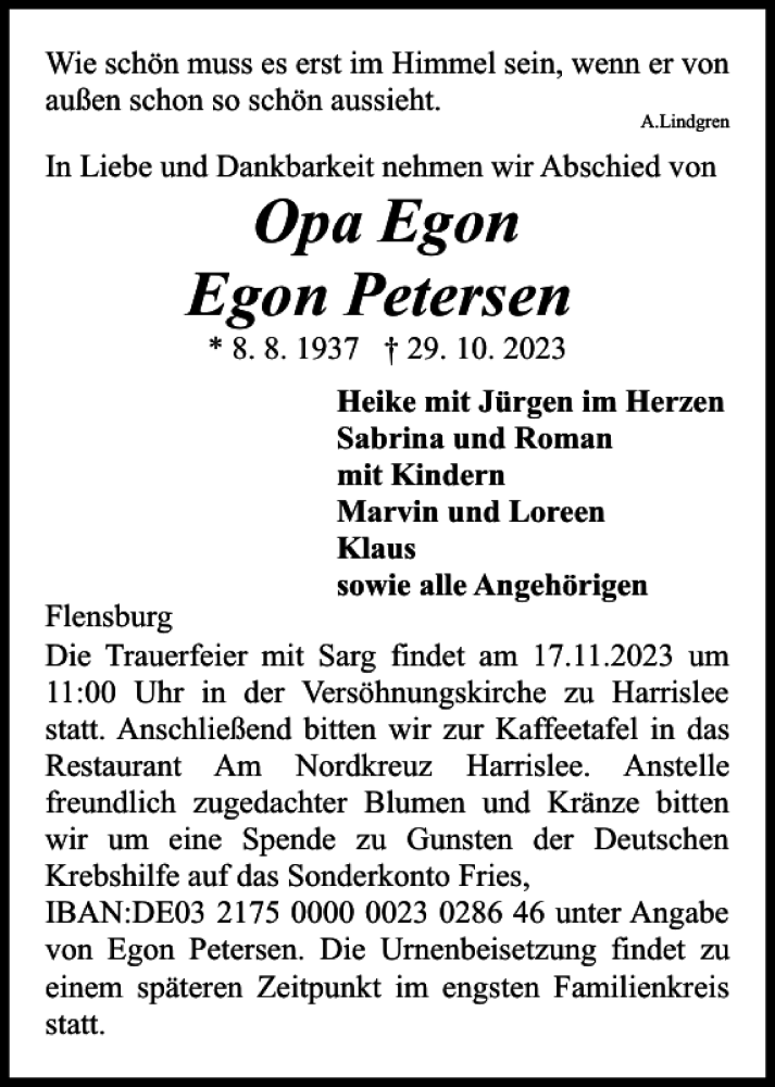 Traueranzeigen von Opa Egon Egon Petersen | sh:z Trauer