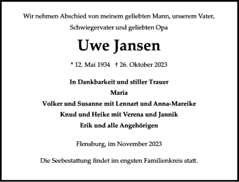 Traueranzeigen von Uwe Jansen | sh:z Trauer