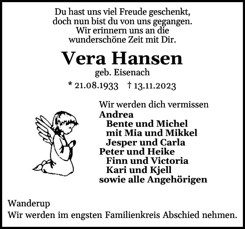 Traueranzeigen von Vera Hansen | sh:z Trauer