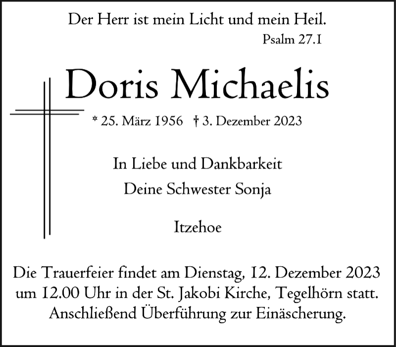Traueranzeigen von Doris Michaelis | sh:z Trauer