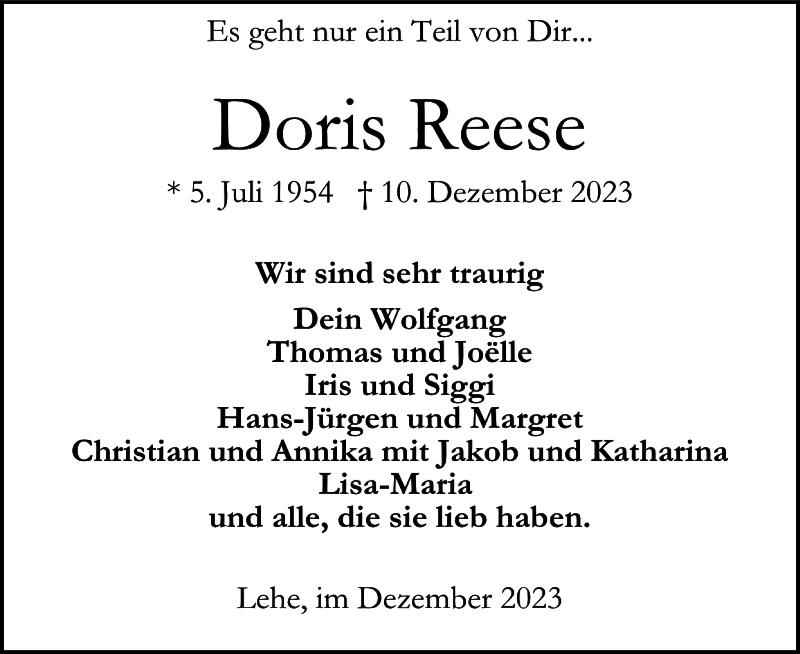 Traueranzeigen von Doris Reese | sh:z Trauer