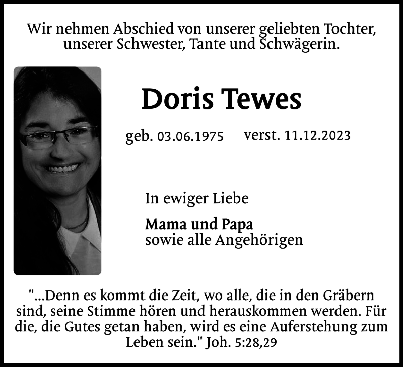 Traueranzeigen von Doris Tewes | sh:z Trauer