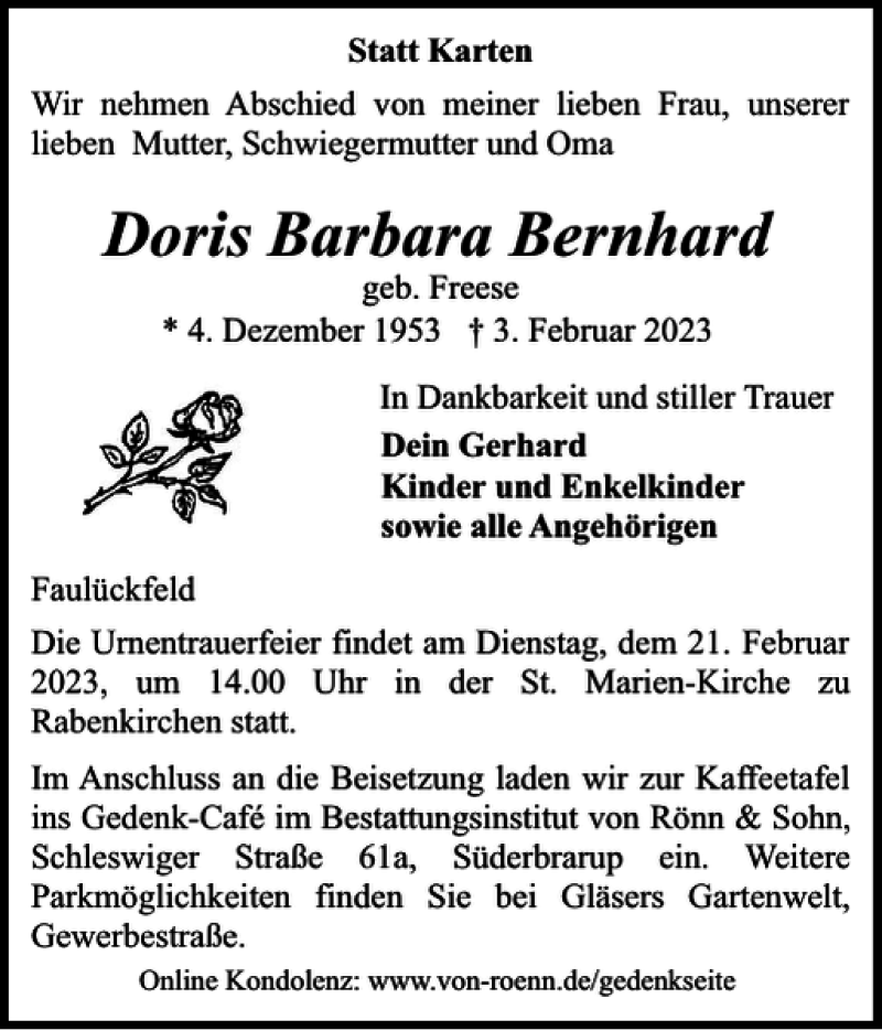 Traueranzeigen von Doris Barbara Bernhard | sh:z Trauer