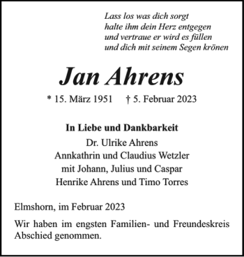 Traueranzeigen von Jan Ahrens | sh:z Trauer