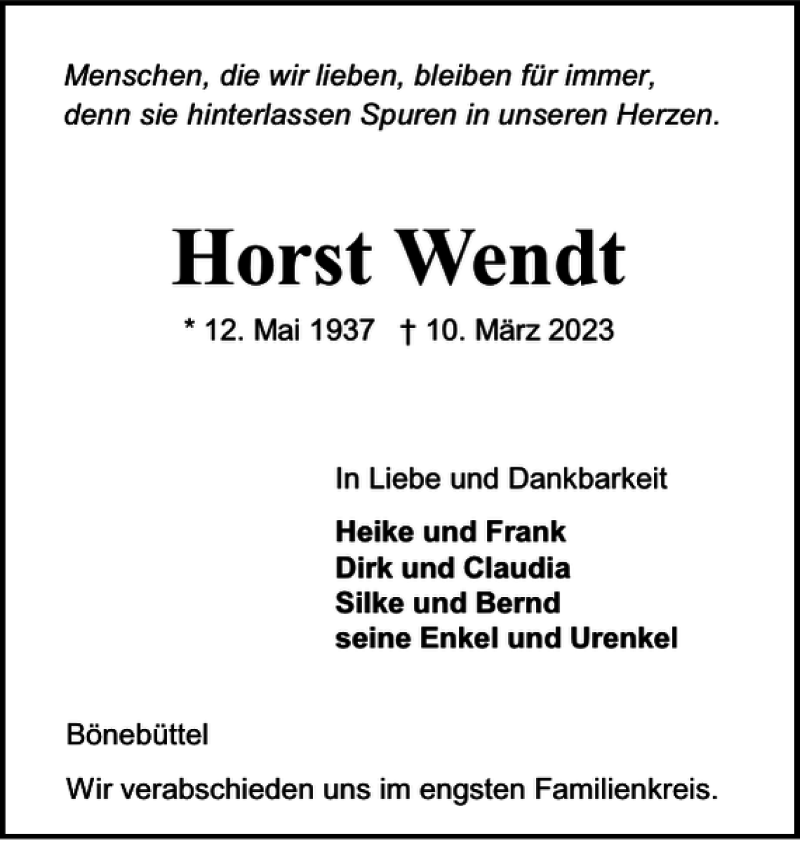 Traueranzeigen von Horst Wendt | sh:z Trauer