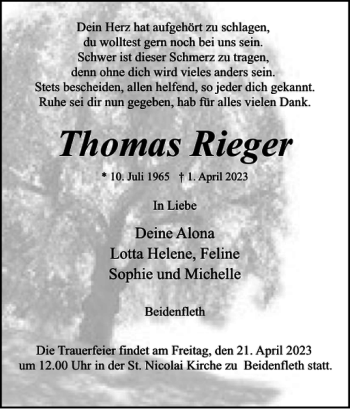 Traueranzeigen von Thomas Rieger | sh:z Trauer