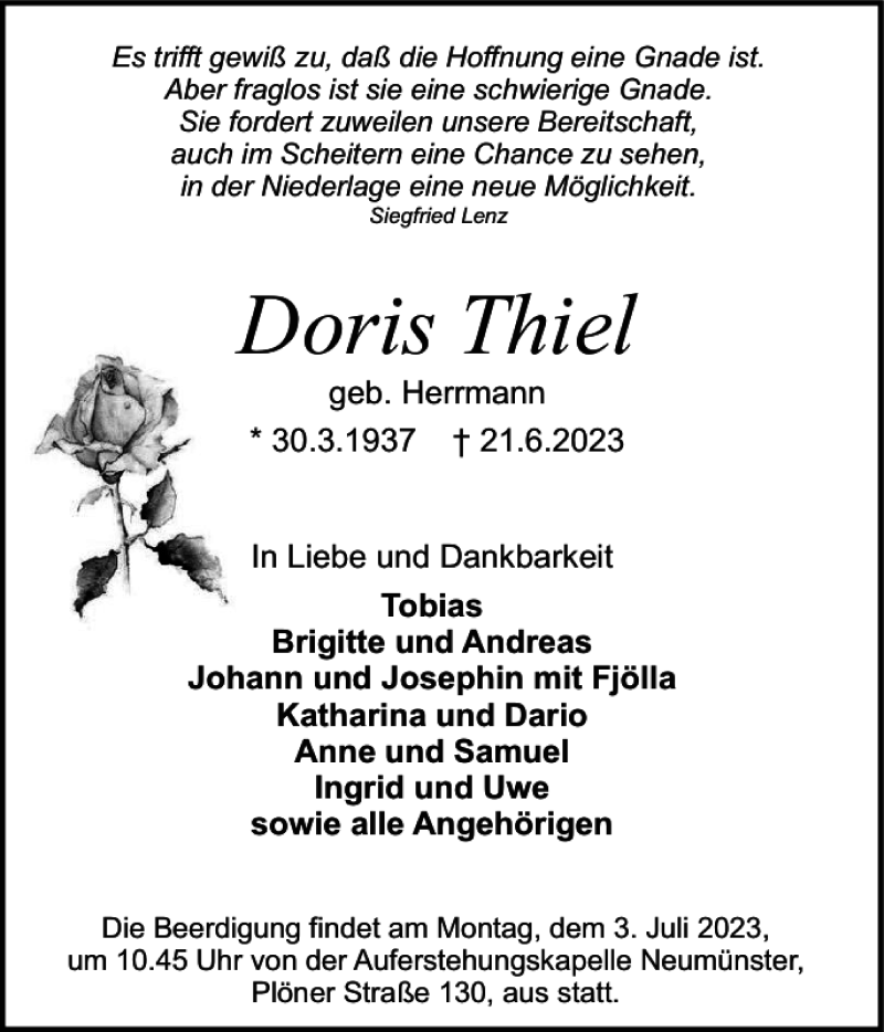 Traueranzeigen von Doris Thiel | sh:z Trauer