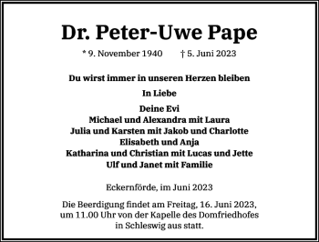 Traueranzeigen von Dr. Peter-Uwe Pape | sh:z Trauer