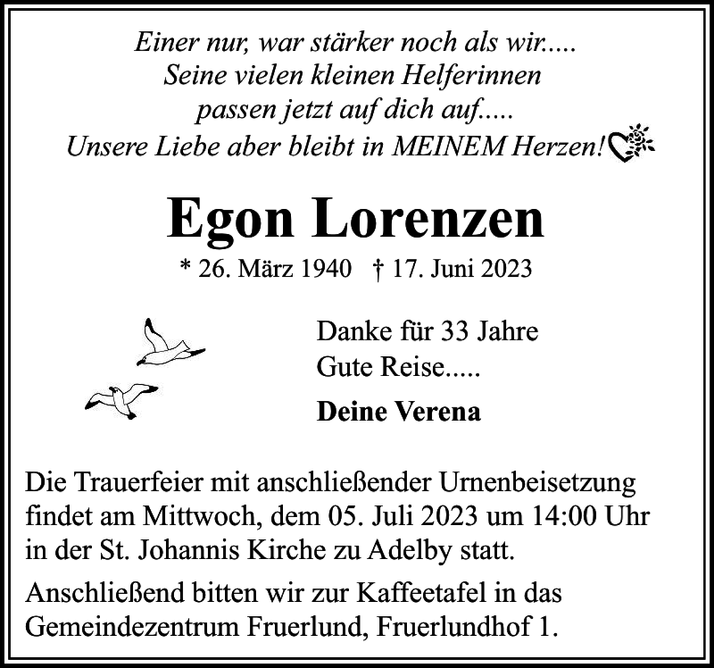 Traueranzeigen von Egon Lorenzen | sh:z Trauer