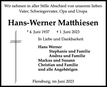 Traueranzeigen von Hans-Werner Ma hiesen | sh:z Trauer