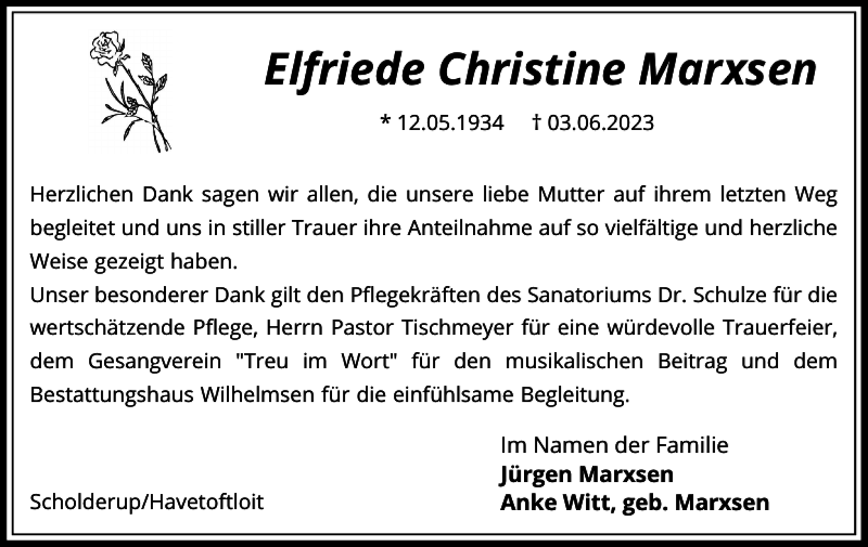 Traueranzeigen von Elfriede Christine Marxsen | sh:z Trauer