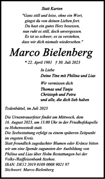 Traueranzeigen von Marco Bielenberg | sh:z Trauer