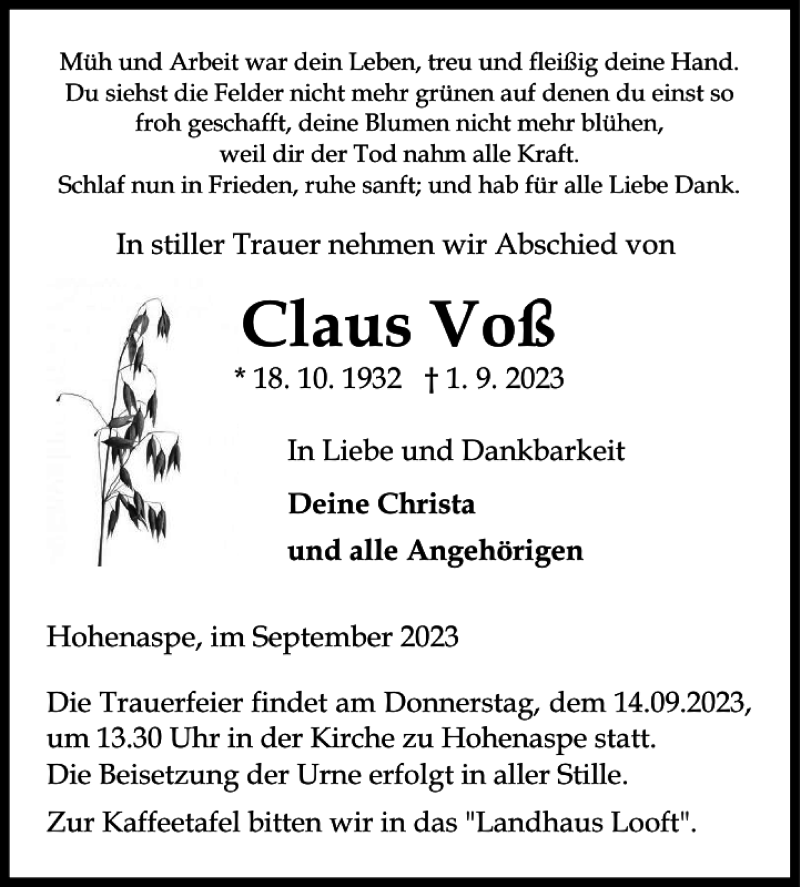 Traueranzeigen von Claus Voß | sh:z Trauer