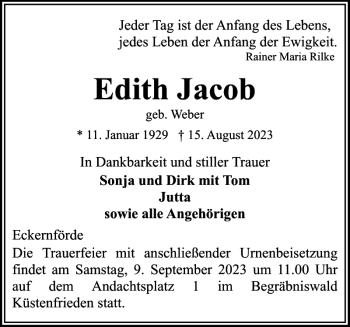 Traueranzeigen von Edith Jacob | sh:z Trauer