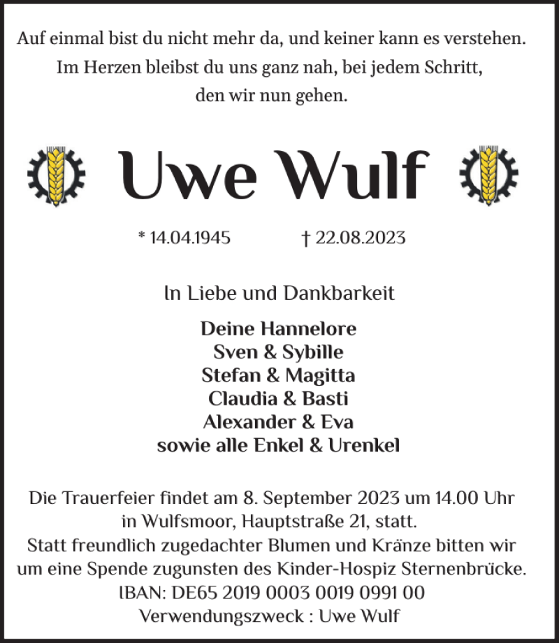 Traueranzeigen von Uwe Wulf | sh:z Trauer