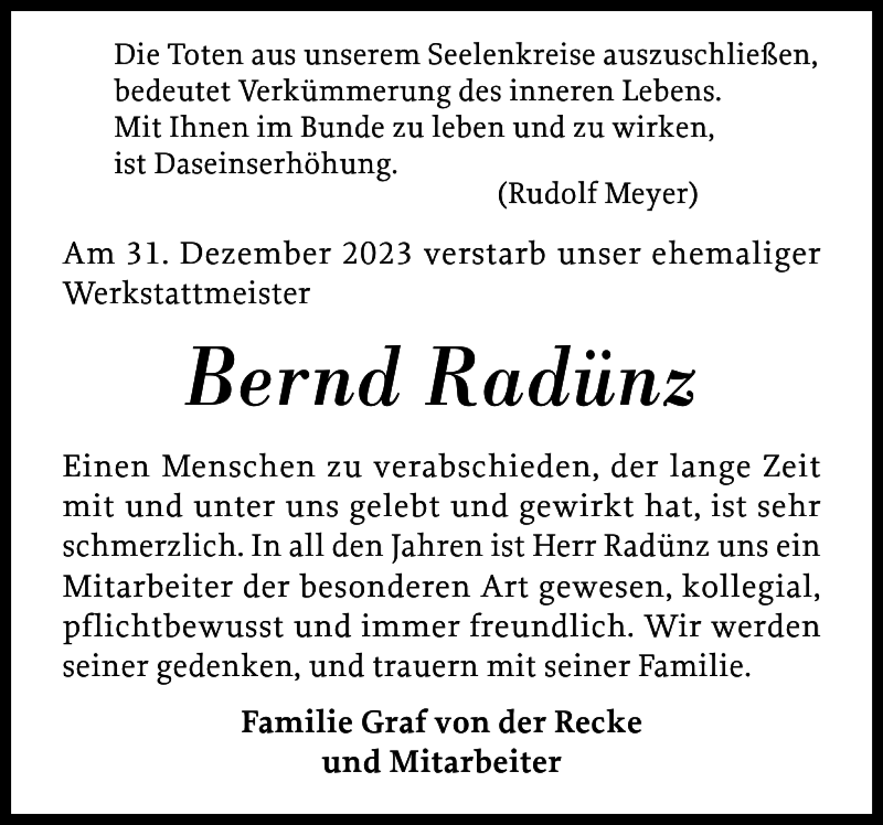 Traueranzeigen von Bernd Radünz | sh:z Trauer