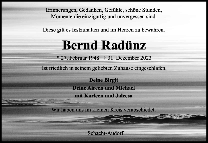 Traueranzeigen von Bernd Radünz | sh:z Trauer
