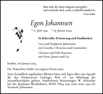 Traueranzeigen von Egon Johannsen | sh:z Trauer