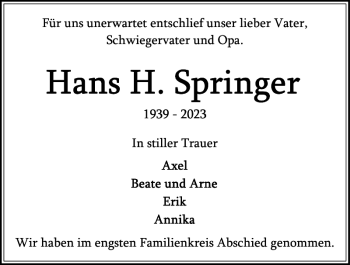 Traueranzeigen von Hans H. Springer | sh:z Trauer