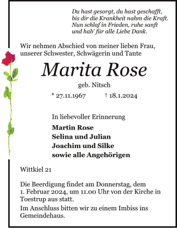 Traueranzeigen von Marita Rose | sh:z Trauer