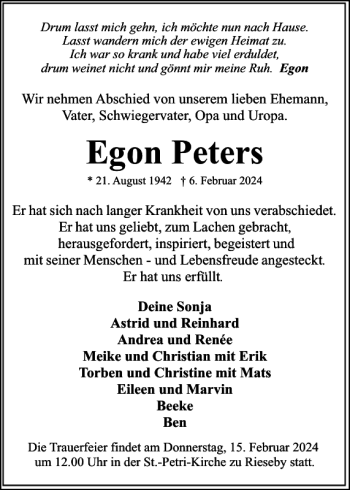 Traueranzeigen von Egon Peters | sh:z Trauer