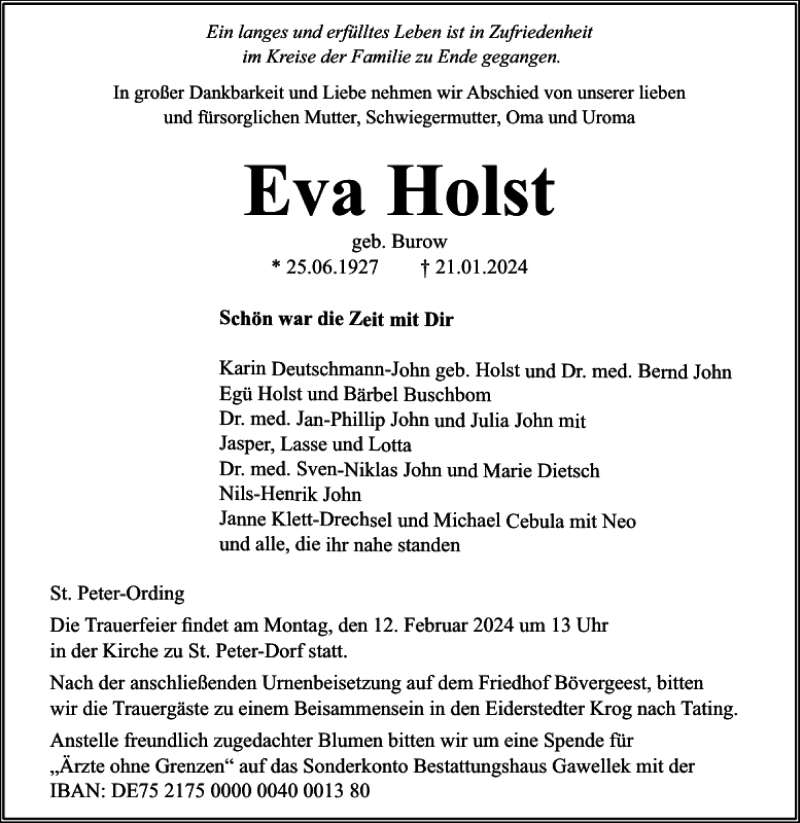 Traueranzeigen von Eva Holst | sh:z Trauer