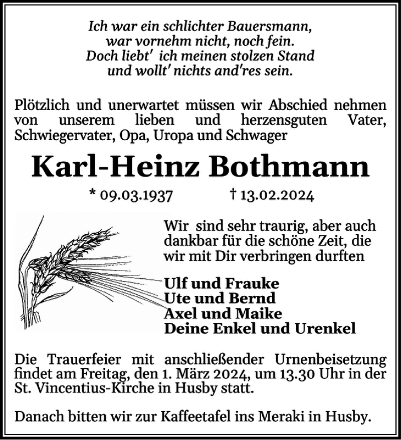 Traueranzeigen von Karl-Heinz Bothmann | sh:z Trauer