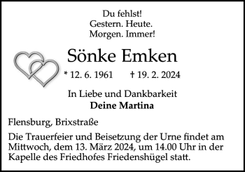 Traueranzeigen von Sönke Emken | sh:z Trauer