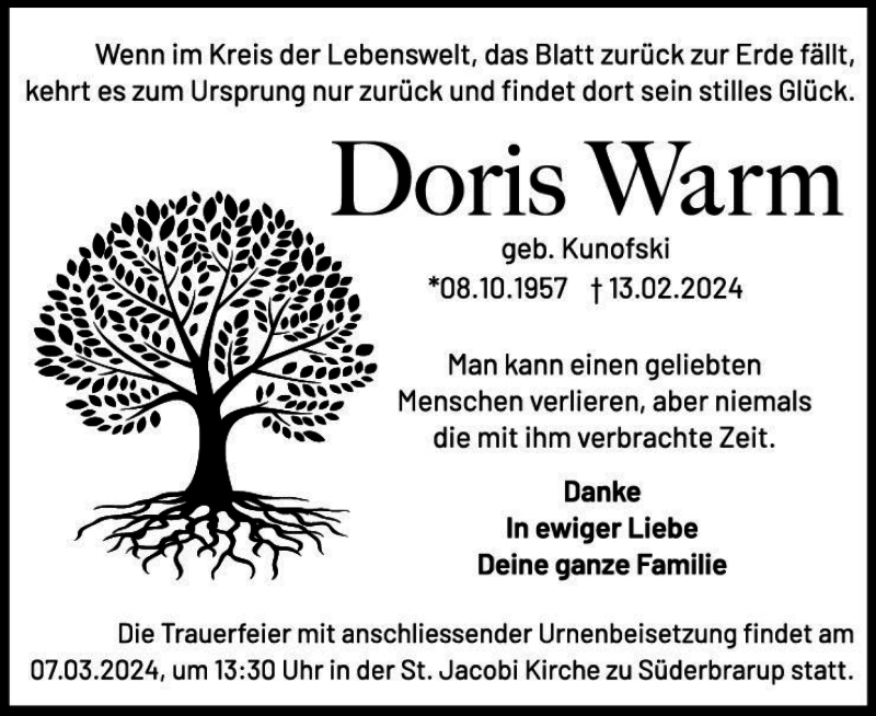 Traueranzeigen von Doris Warm | sh:z Trauer