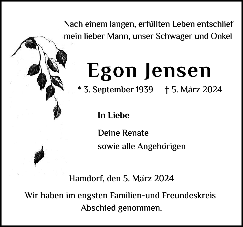 Traueranzeigen von Egon Jensen | sh:z Trauer