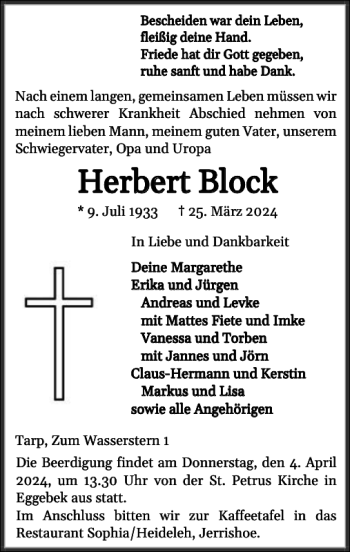 Traueranzeigen von Herbert Block | sh:z Trauer