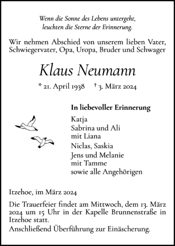 Traueranzeigen von Klaus Neumann | sh:z Trauer