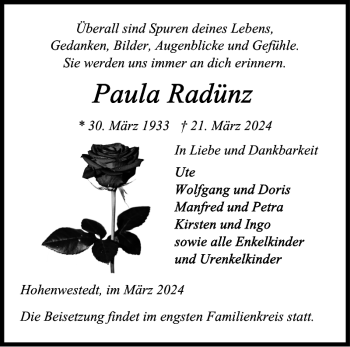 Traueranzeigen von Paula Radünz | sh:z Trauer